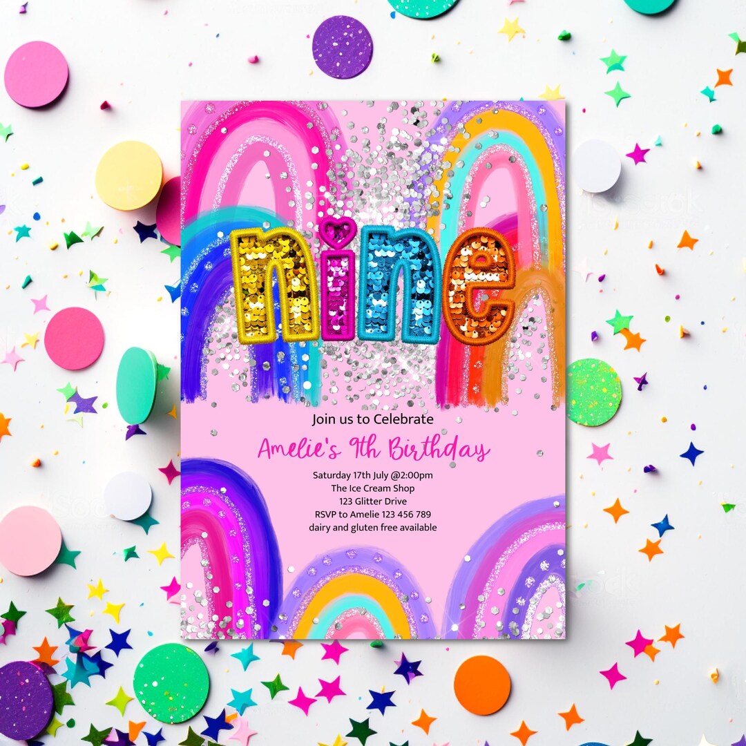 9th Birthday Invitation Girl, 9th Rainbow Editable Invite, 9th, Glitter ...