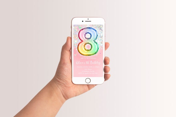 Digital 8th Birthday Invitation Girl Rainbow Pink Birthday - Etsy