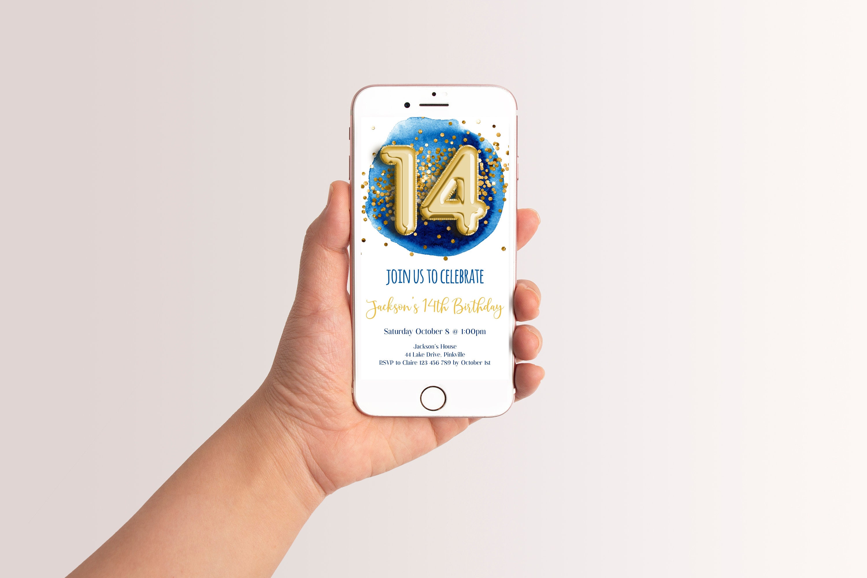 14th Blue Gold Glitter Birthday Evite Girl Boy Digital - Etsy