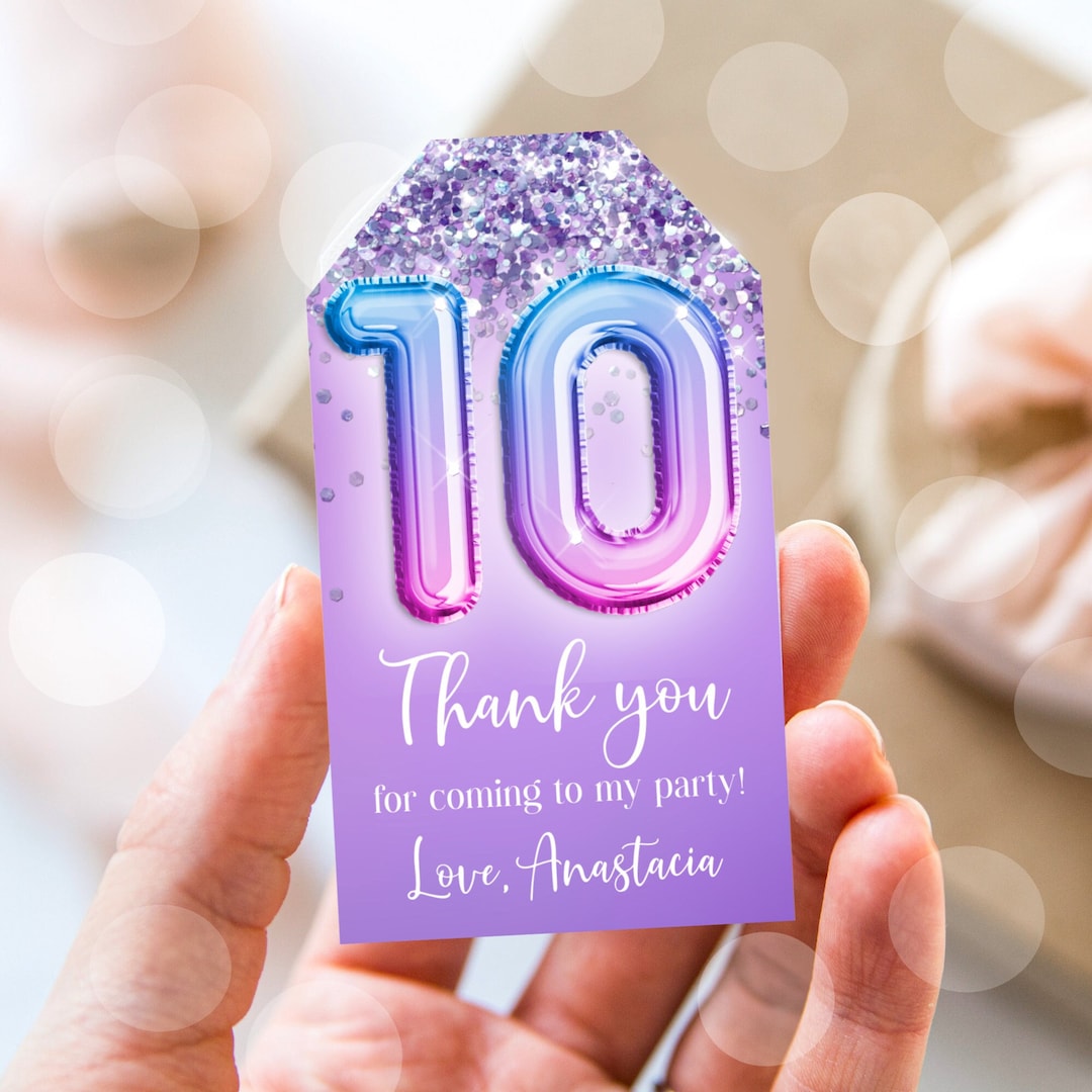 10th Birthday Printable Favor Tag, Purple Glitter Rainbow Birthday ...