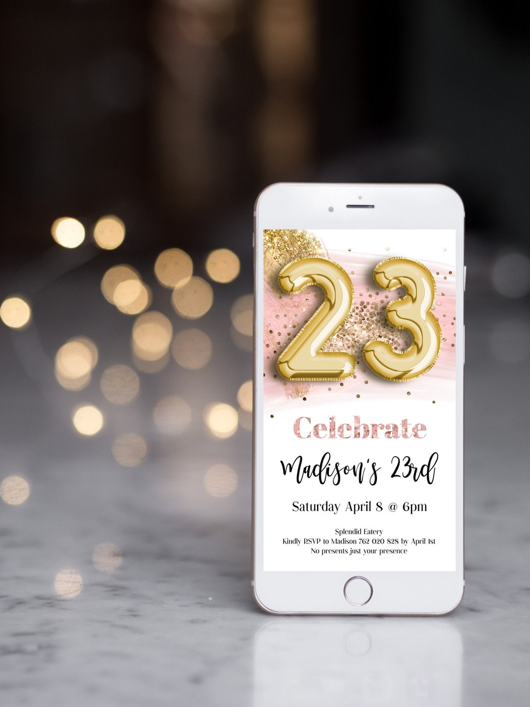 Editable 23rd Birthday Evite Electronic Invitation, Gold Blush Pink ...