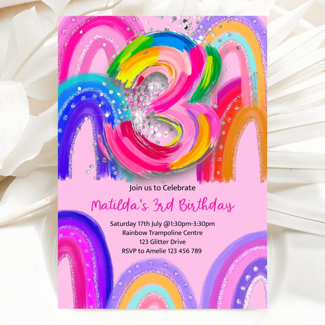 3rd Rainbow Birthday Invitation, Rainbow Birthday Editable Invite, 3rd ...