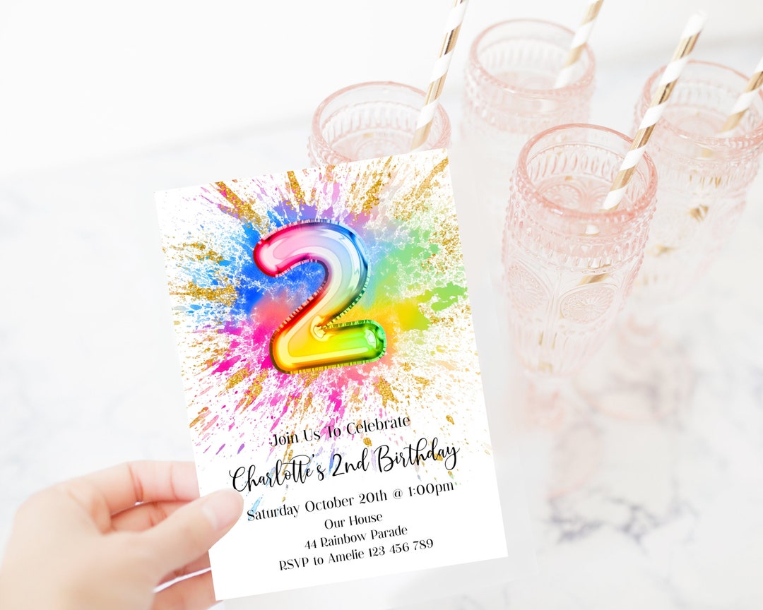 2nd Rainbow Paint Splash Printable Birthday Invitation Editable ...
