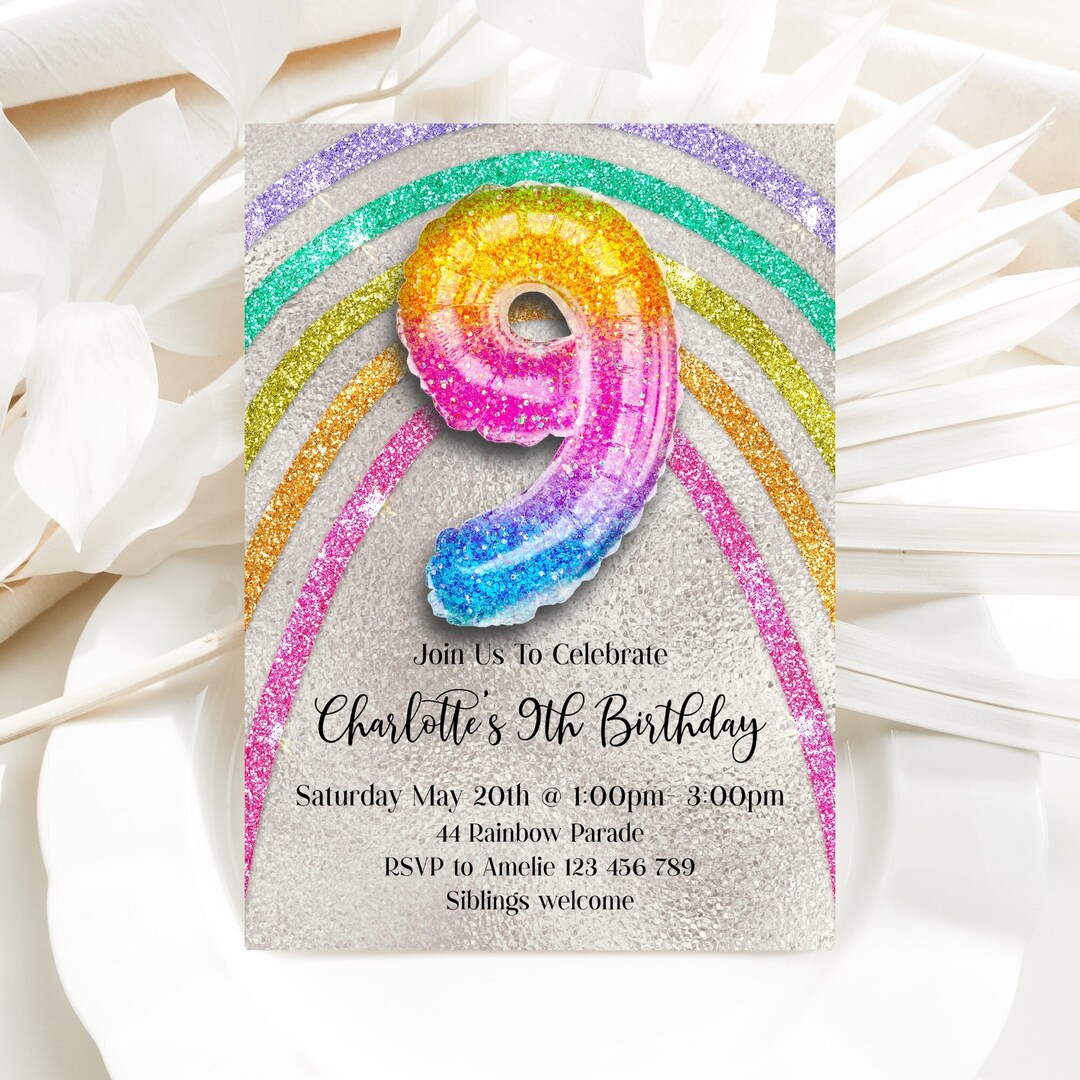 9th Birthday Invitation Rainbow Glitter Editable Birthday - Etsy