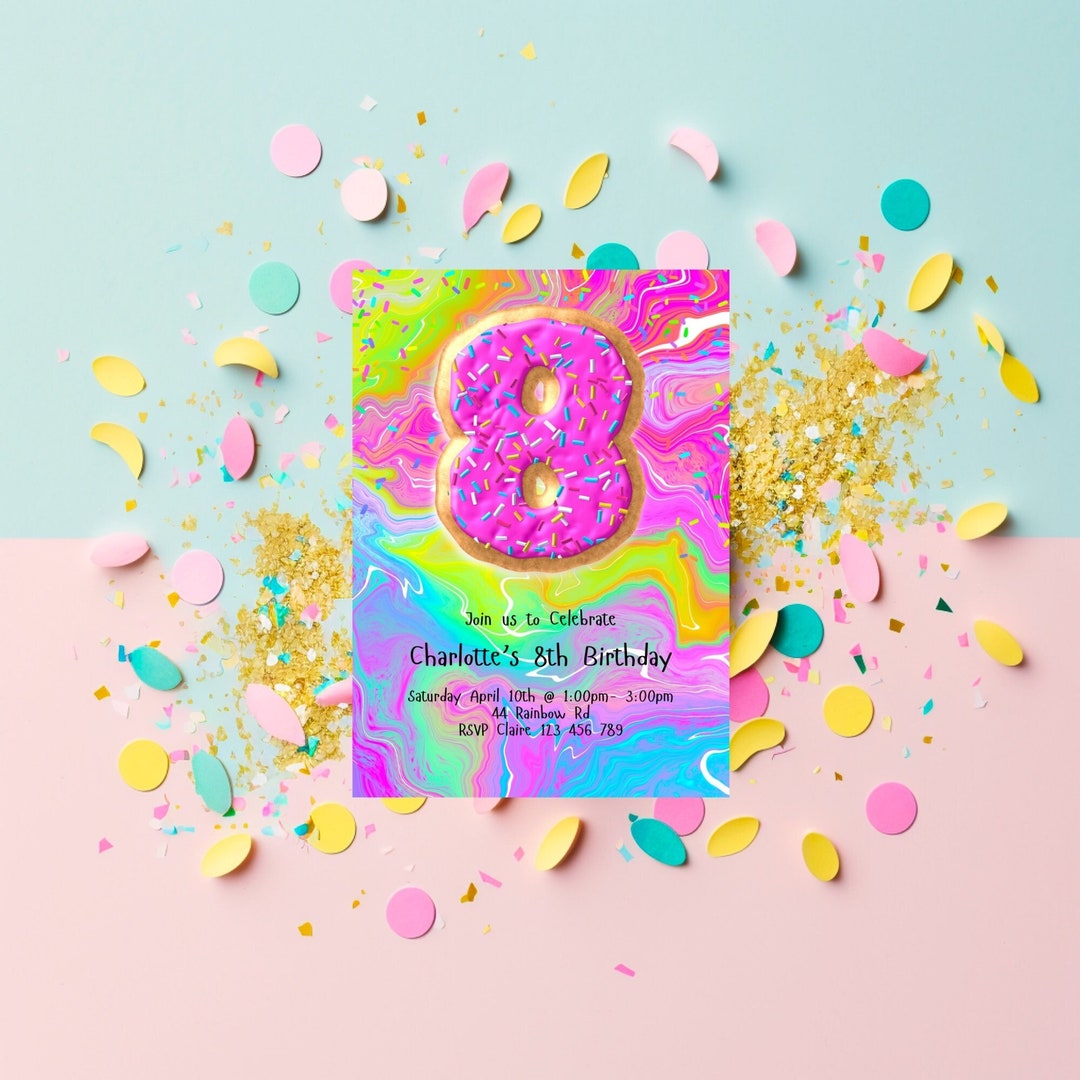 Editable 8th Birthday Invitation, Donut Party Rainbow Birthday Canva ...