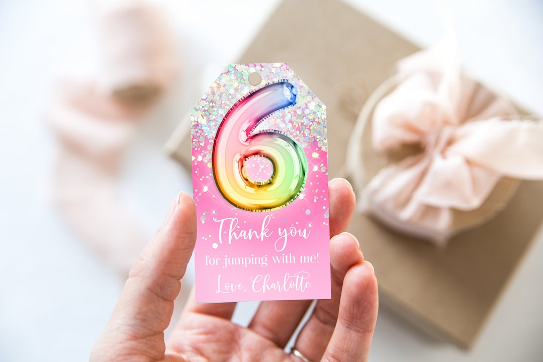 6th Birthday Printable Favor Tag, Pink Glitter Rainbow Trampoline ...