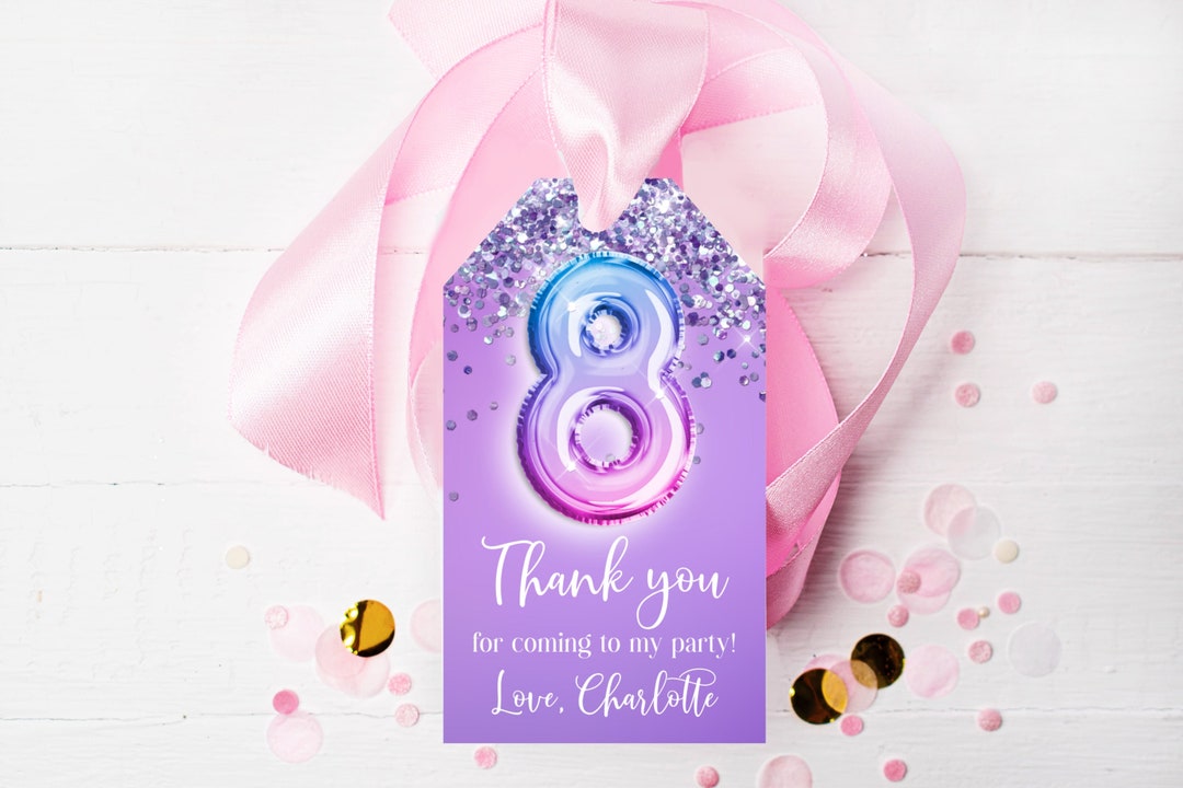 8th Birthday Printable Favor Tag, Purple Glitter Rainbow Birthday Party ...