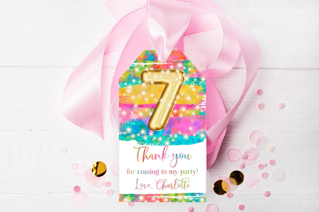 7th Birthday Printable Favor Tag, Pink Rainbow Fairy Lights Thank You ...