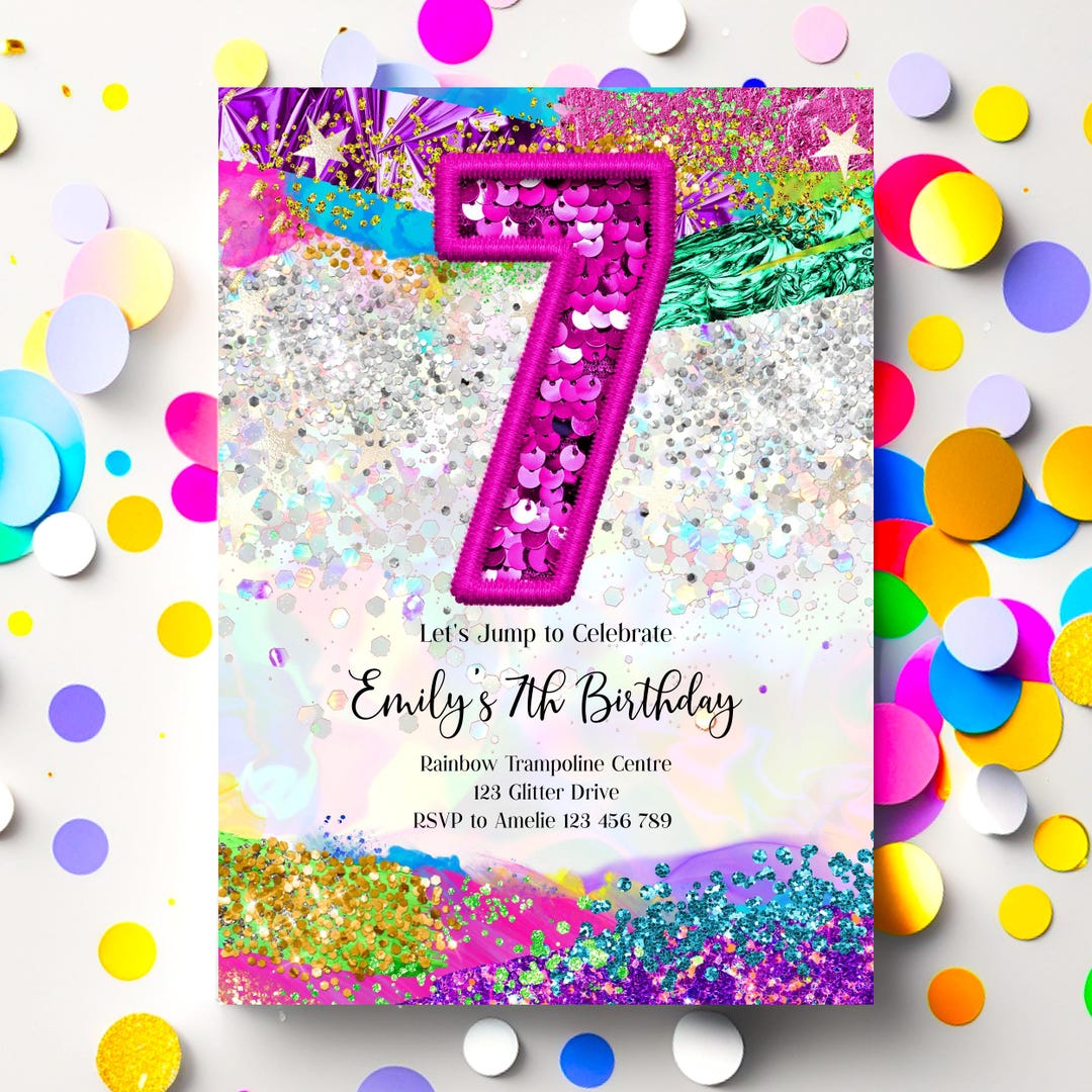 7th Birthday Invitation Girl, Sequin and Glitter Party, Jump Party ...