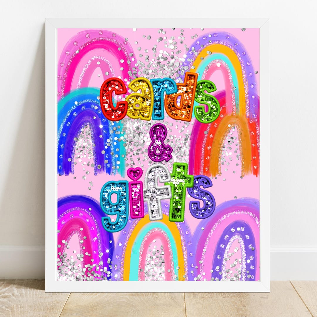 Cards and Gifts Party Sign, 8x10 Birthday Table Signs, Rainbow Sequin ...