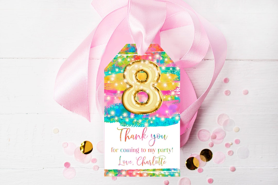 8th Birthday Printable Favor Tag, Pink Rainbow Fairy Lights Thank You ...