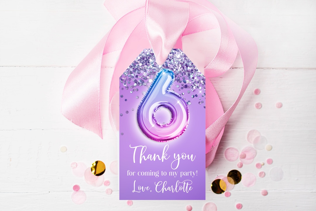 6th Birthday Printable Favor Tag, Purple Glitter Rainbow Birthday Party ...