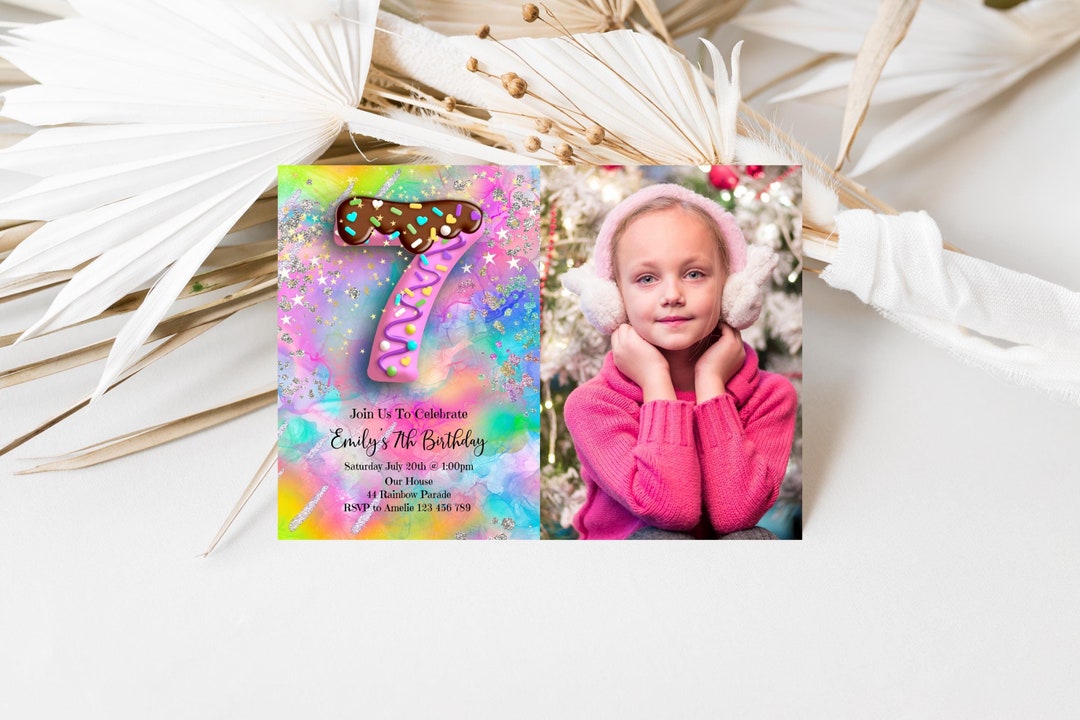 7th Birthday Editable PHOTO Invitation Rainbow Glitter, Candy Chocolate ...