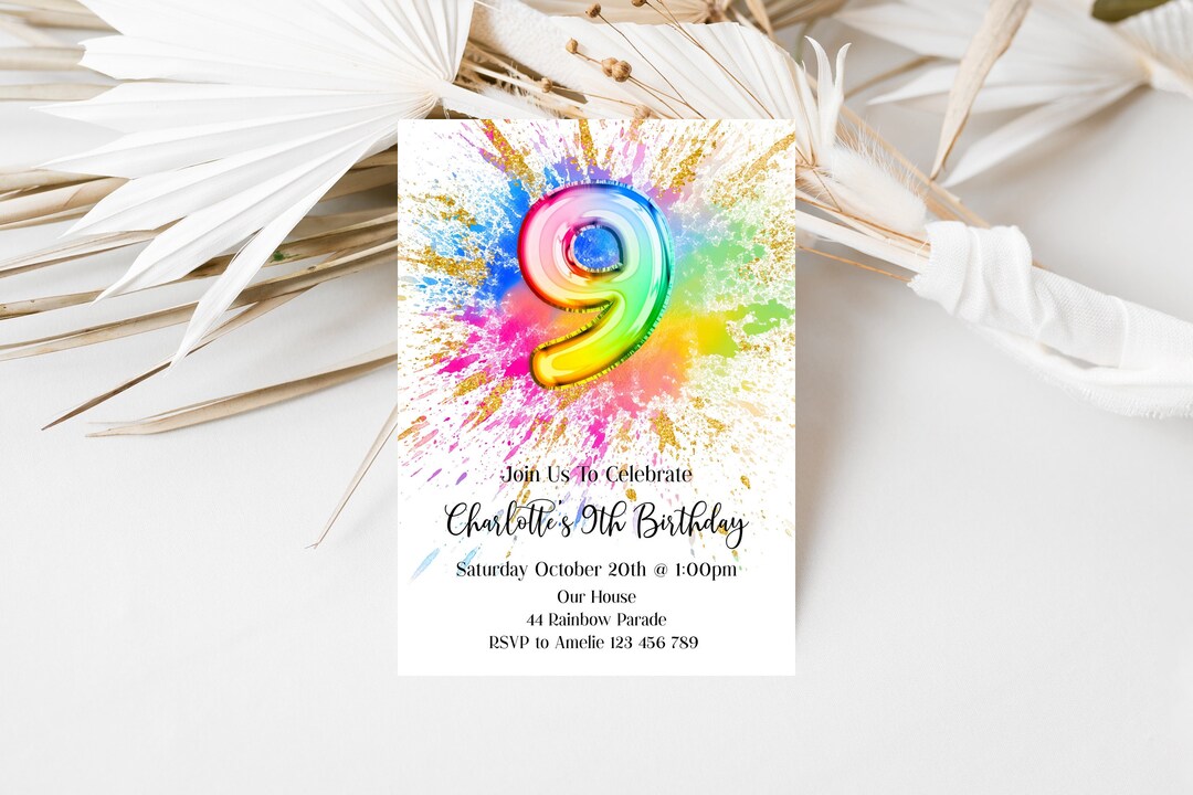 9th Rainbow Paint Splash Printable Birthday Invitation Editable ...