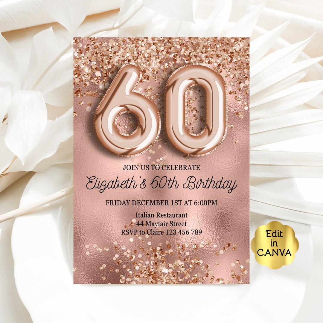 Editable 60th Birthday Invitation, Rose Gold Glitter 60th Invitation ...