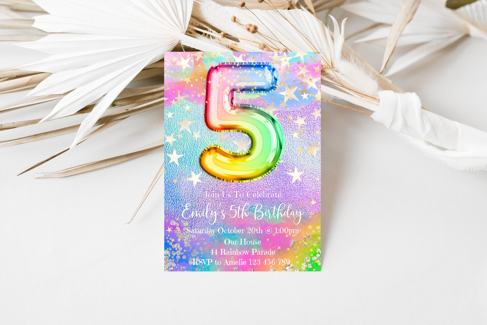 Invitación editable para el quinto cumpleaños con estrellas rosas ...
