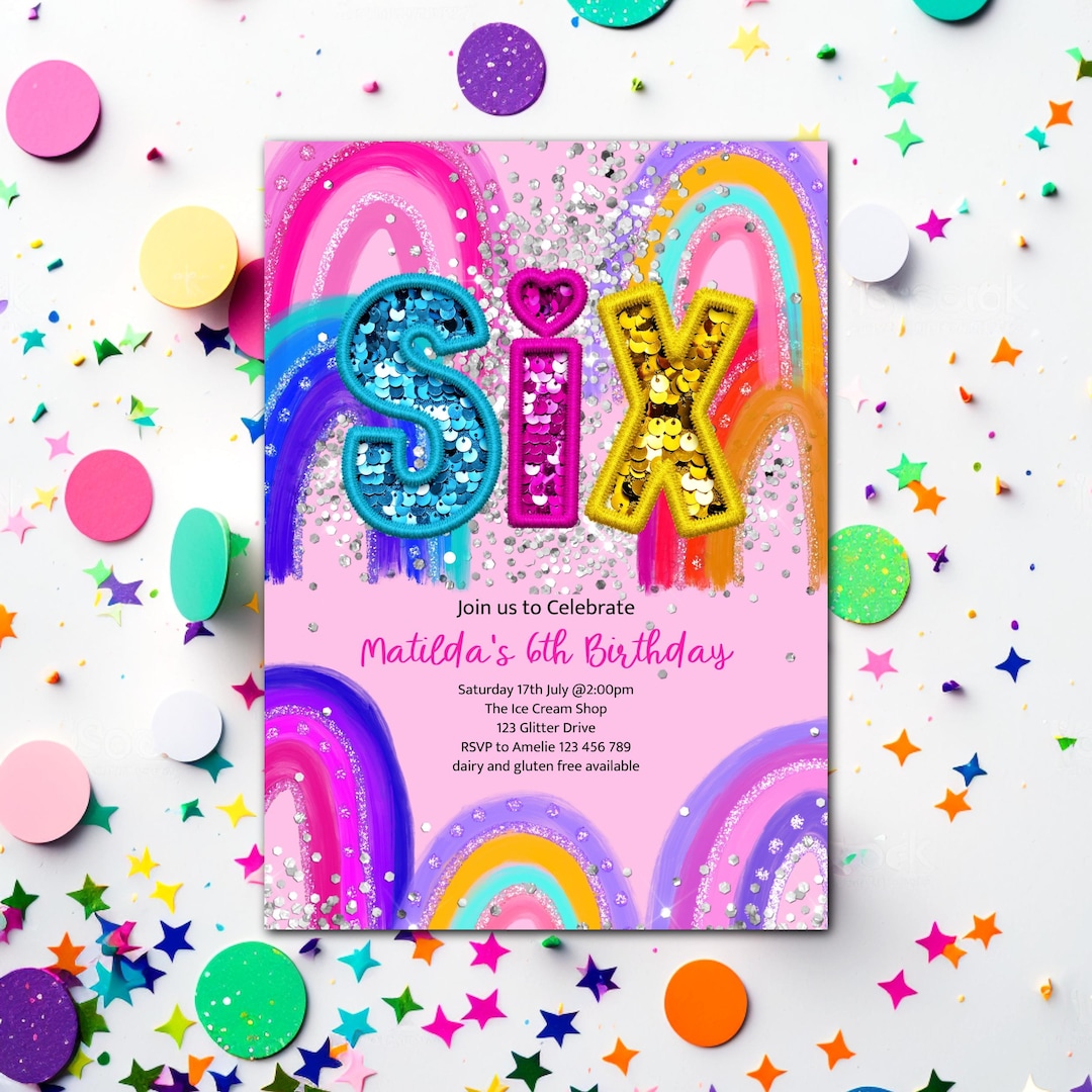 6th Birthday Invitation Girl, 6th Rainbow Sequin Birthday Editable ...