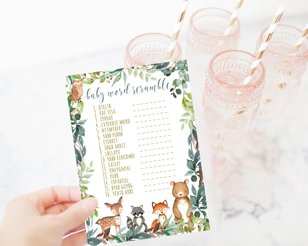 Baby Word Scramble Game, Woodland Animals Baby Shower Game Instant ...