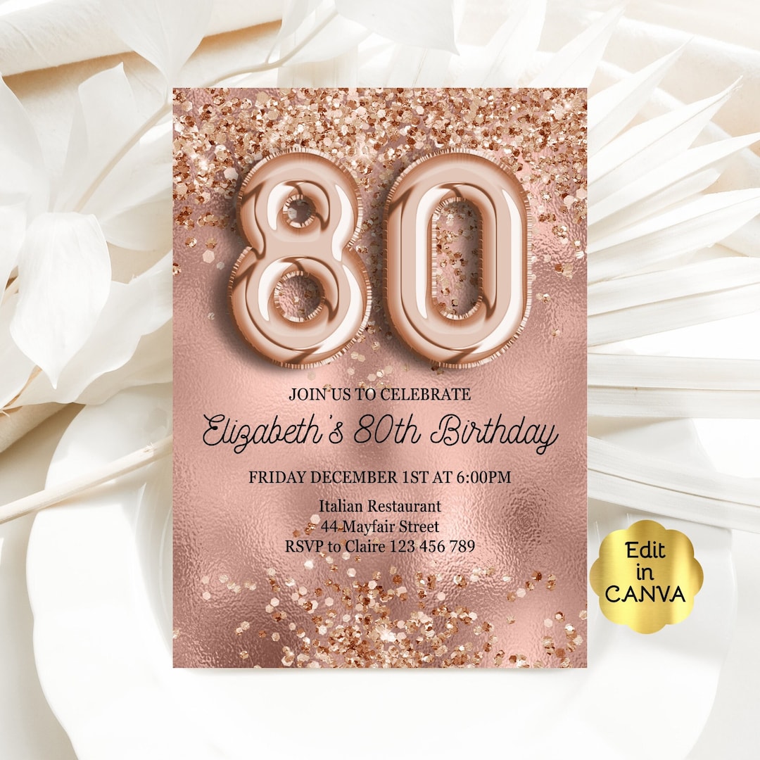 Editable 80th Birthday Invitation, Rose Gold Glitter 80th Invitation ...