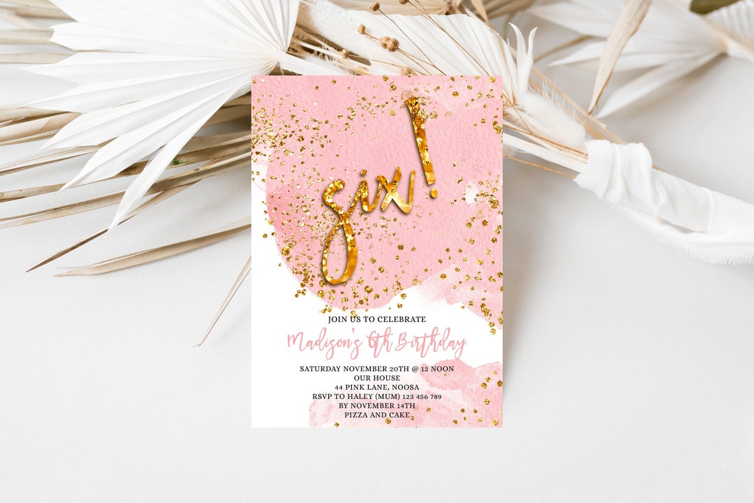 6th Pink Gold Glitter Birthday Invitation, Editable Gold Invite ...
