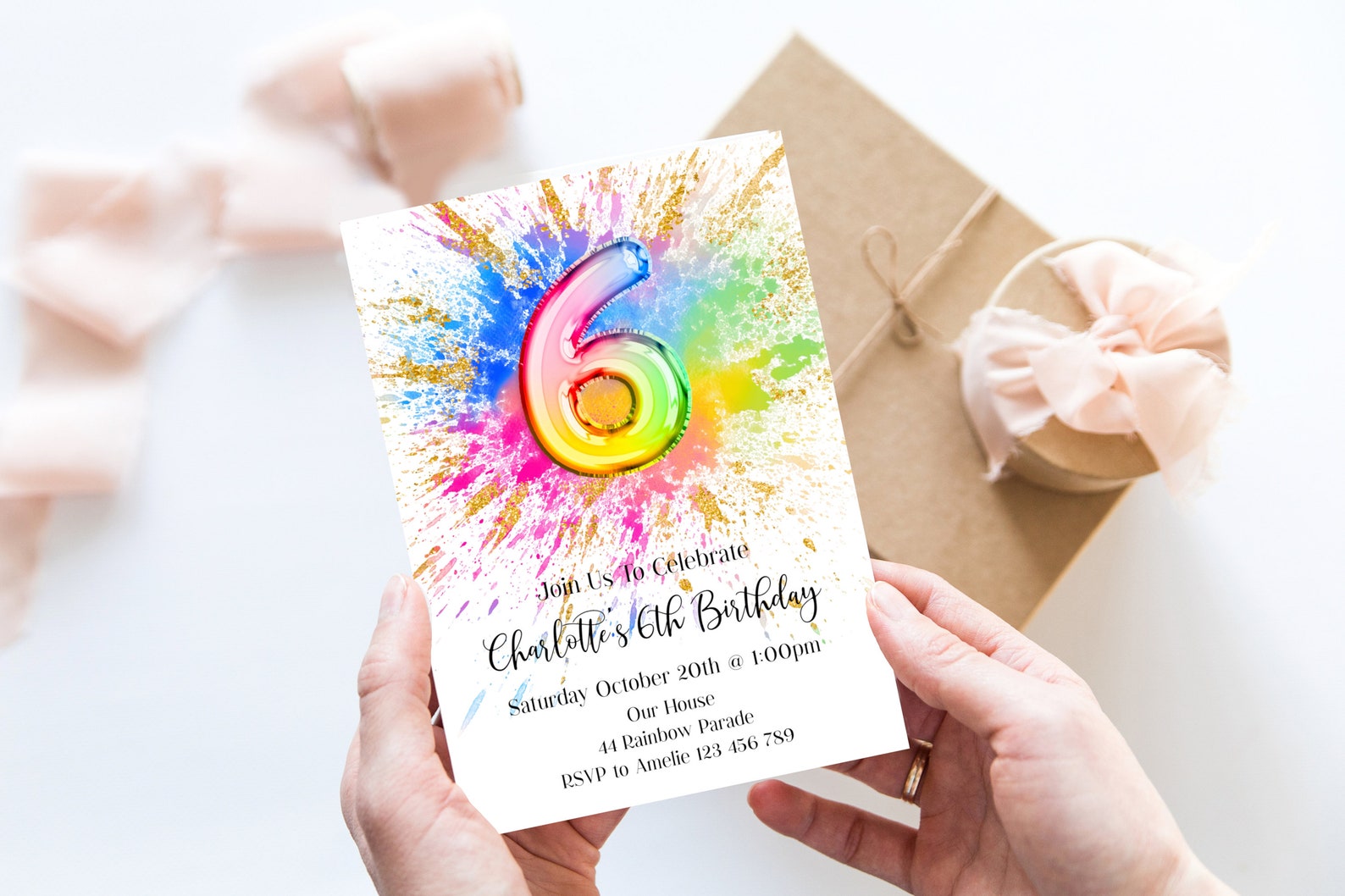6th Rainbow Paint Splash Printable Birthday Invitation Editable ...