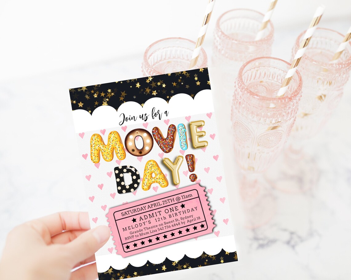 Editable Movie DAY Birthday Invitation Girl Matinee Movie - Etsy