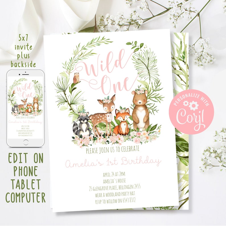 EDITABLE Pink Wild One Birthday Invitation Wild One Custom - Etsy