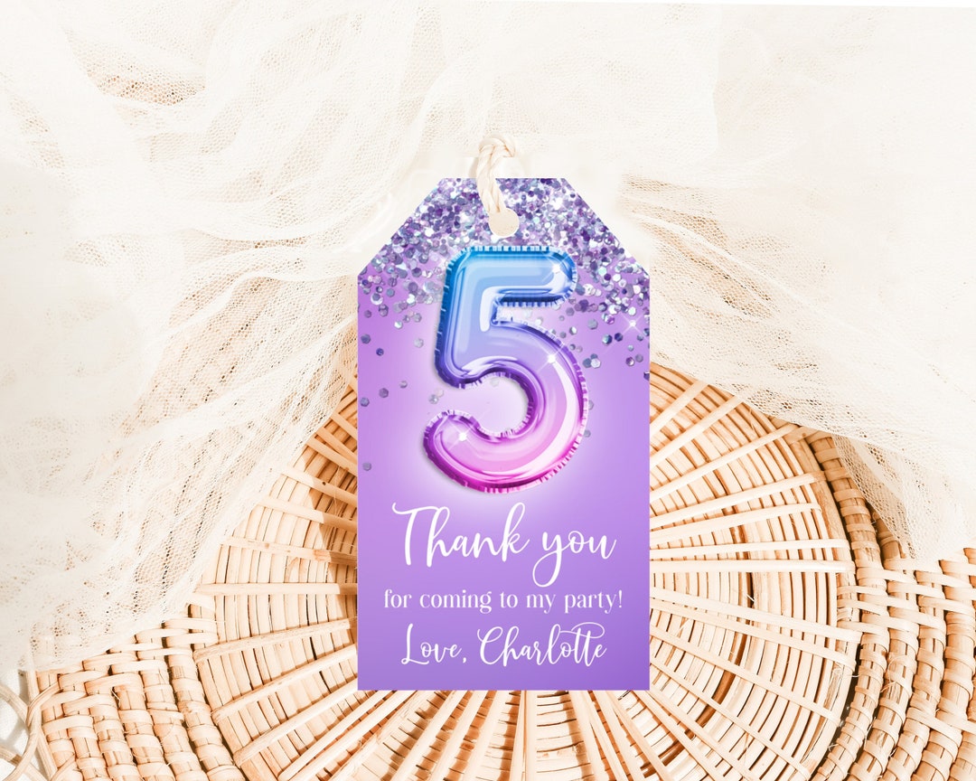 5th Birthday Printable Favor Tag, Purple Glitter Rainbow Birthday Party ...