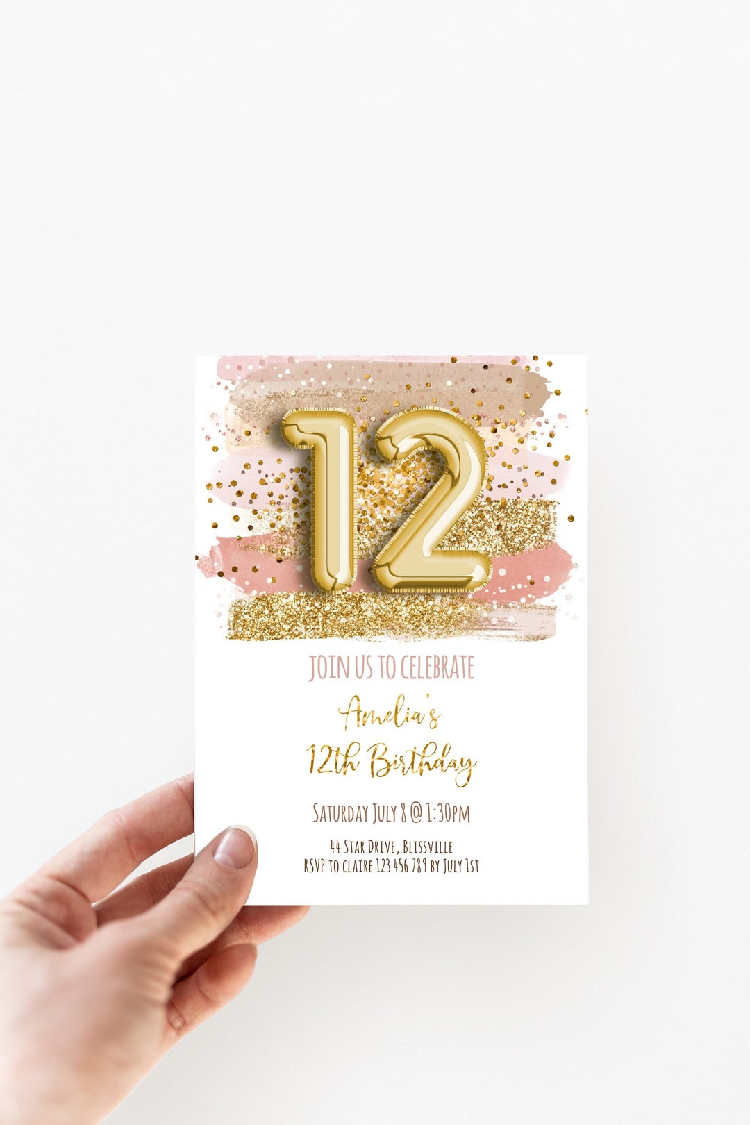 12th Birthday Invitation Girl, Pink Gold Glitter Neutral Pink Birthday ...
