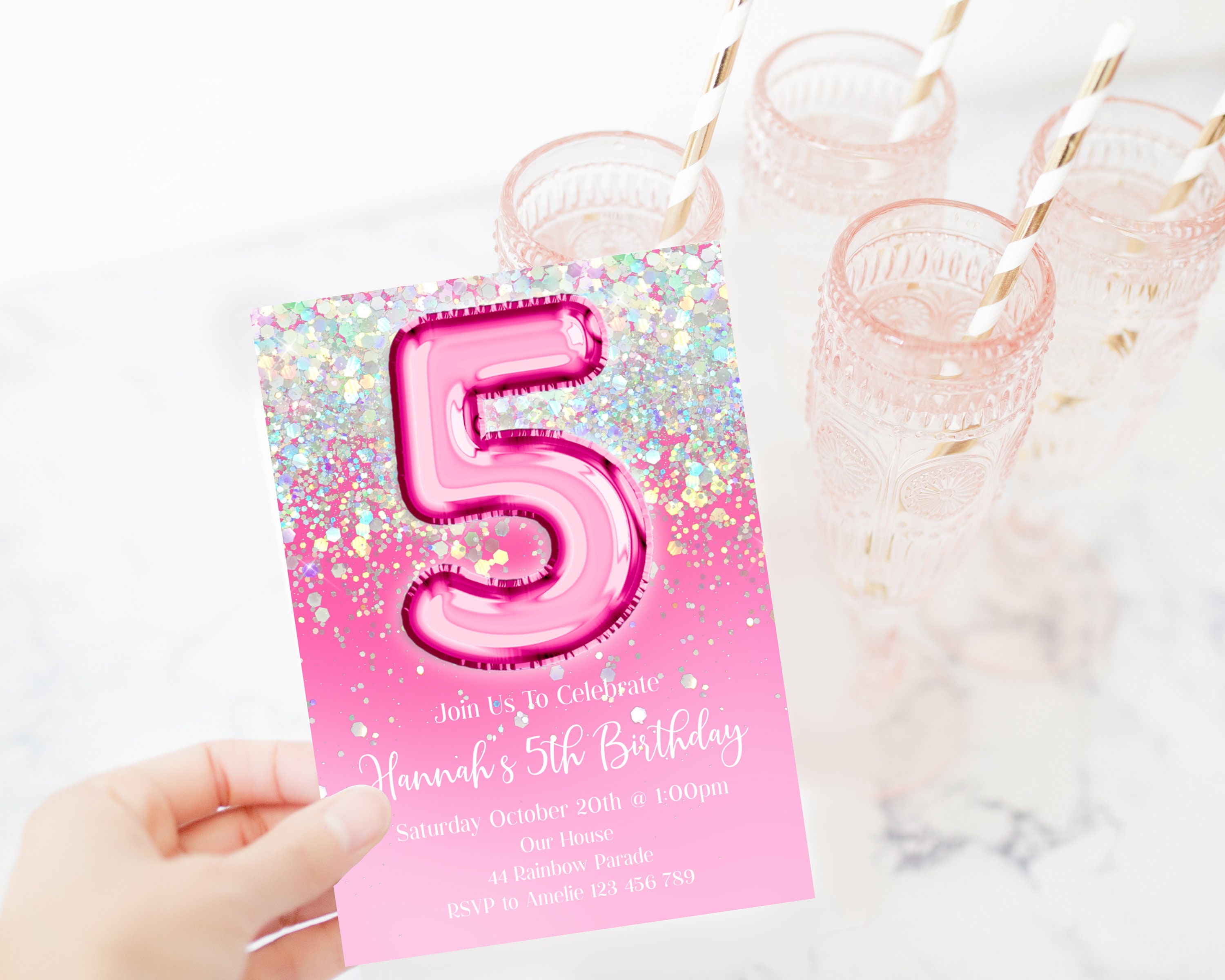 5th Birthday Invitation Editable Pink Glitter Birthday - Etsy