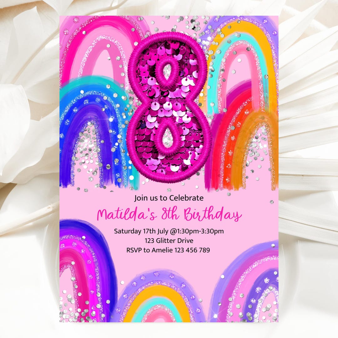 8th Birthday Invitation Girl, Rainbow Birthday Editable Invite, 8th ...