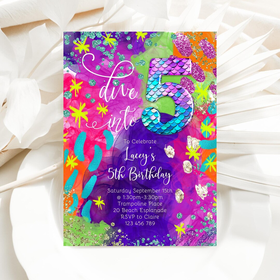 Dive Into 5 Birthday Mermaid Invitation, 5th Ocean Invitation Under the ...