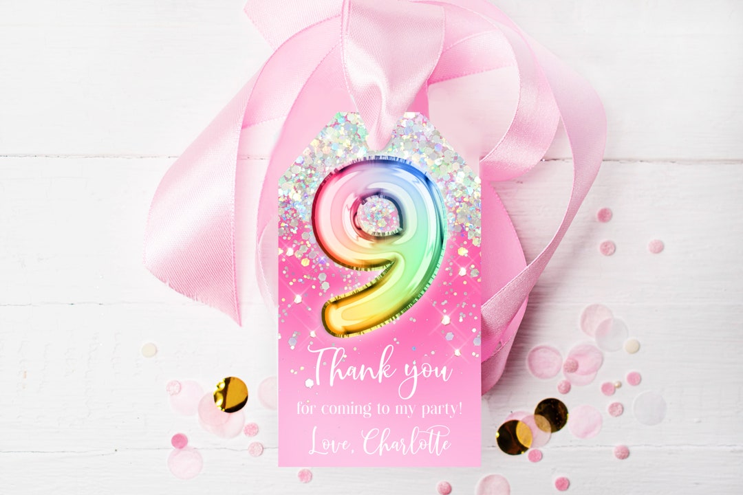 9th Birthday Printable Favor Tag Pink Glitter Rainbow - Etsy