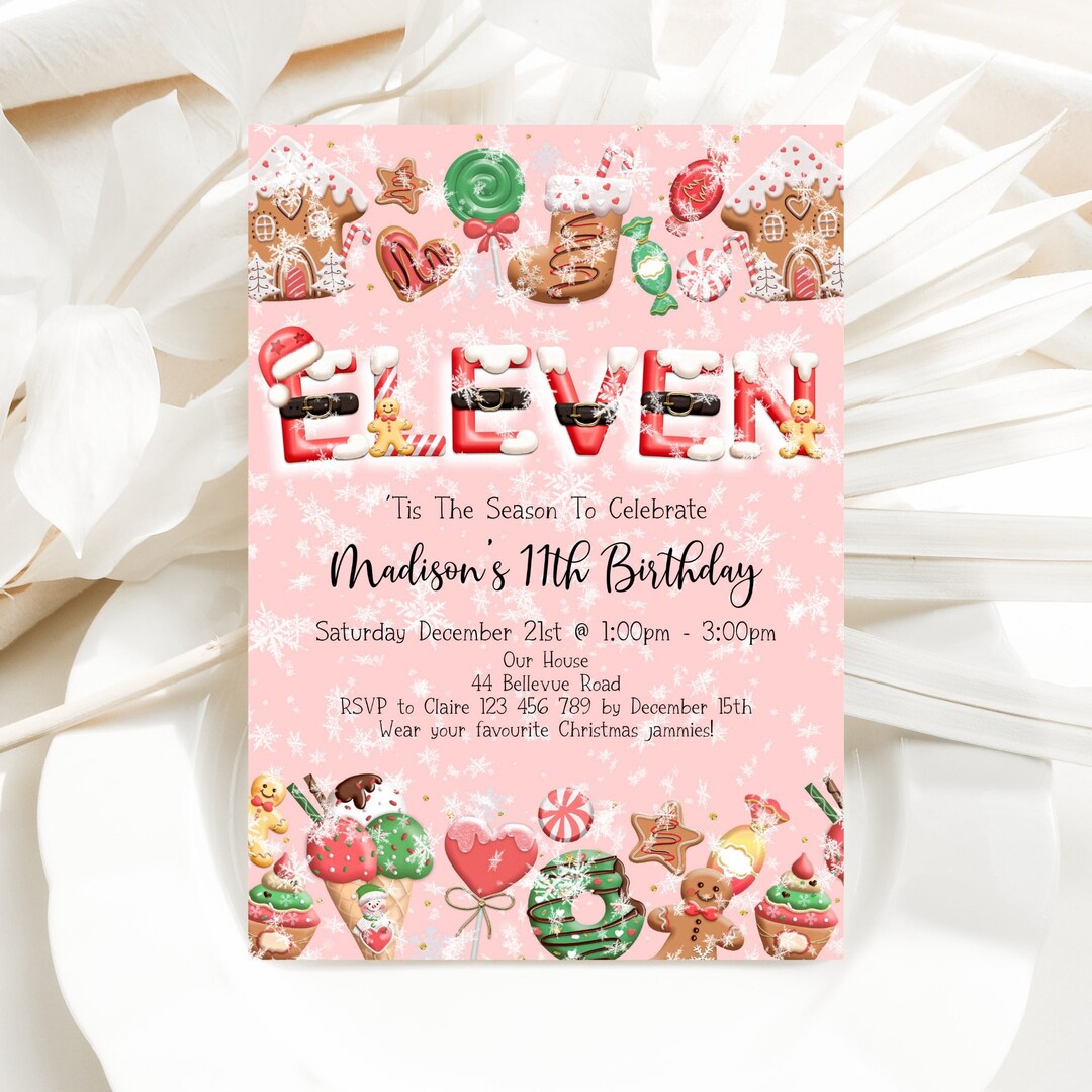 11th Birthday Invitation Girl, Nine Christmas Birthday Party Invite ...