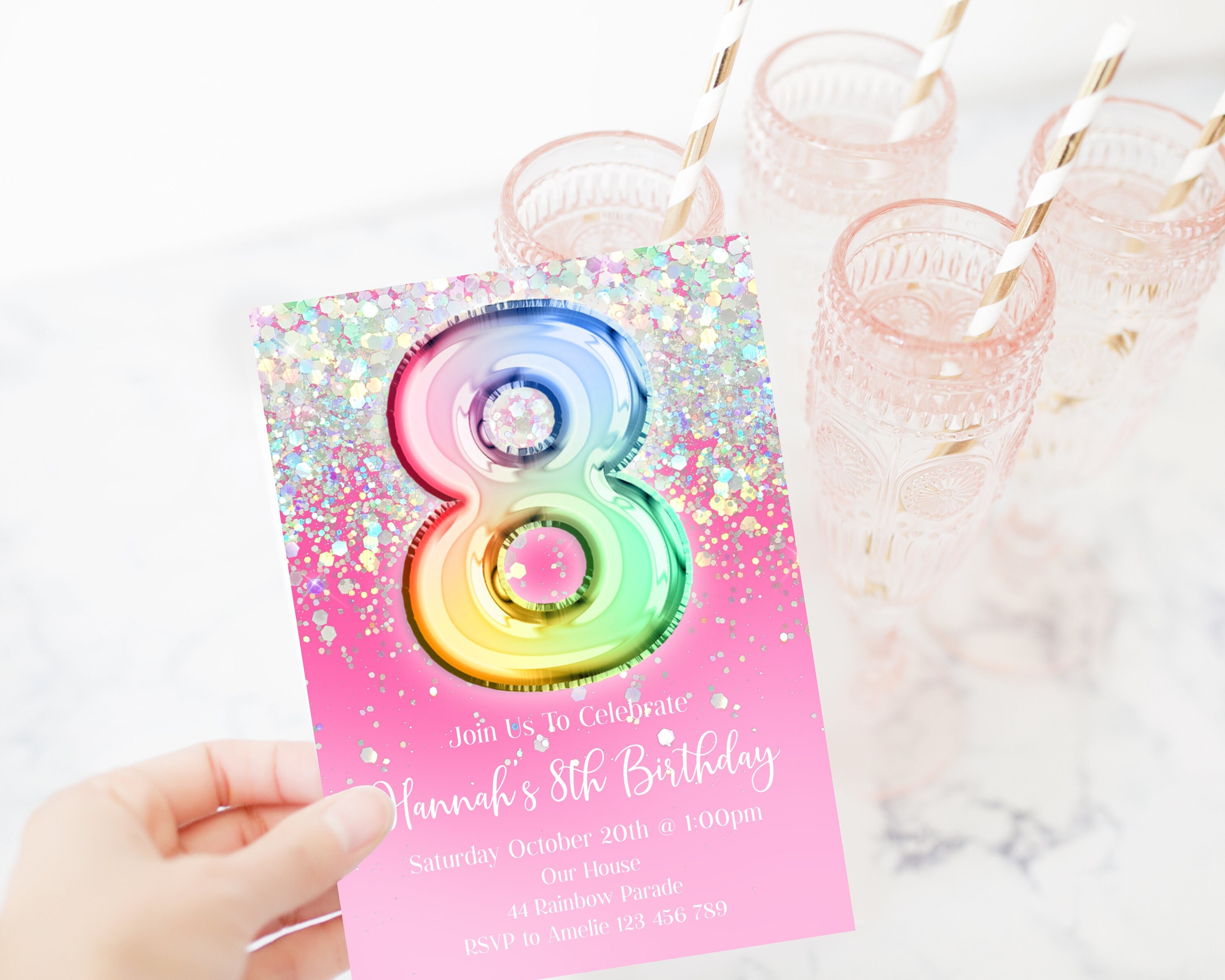 Paper 8th Birthday Invitation Editable Pink Stars Birthday Invitation