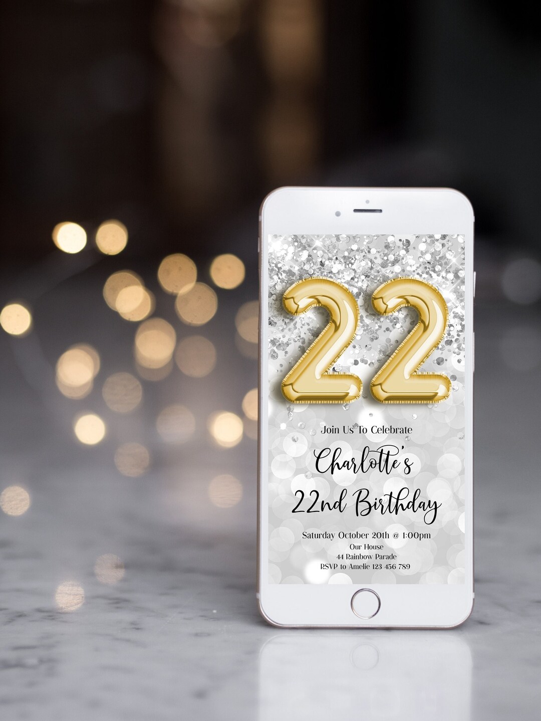 22nd Birthday Evite, Silver Glitter Gold Invite Girl Text Evite, Sgg1 ...