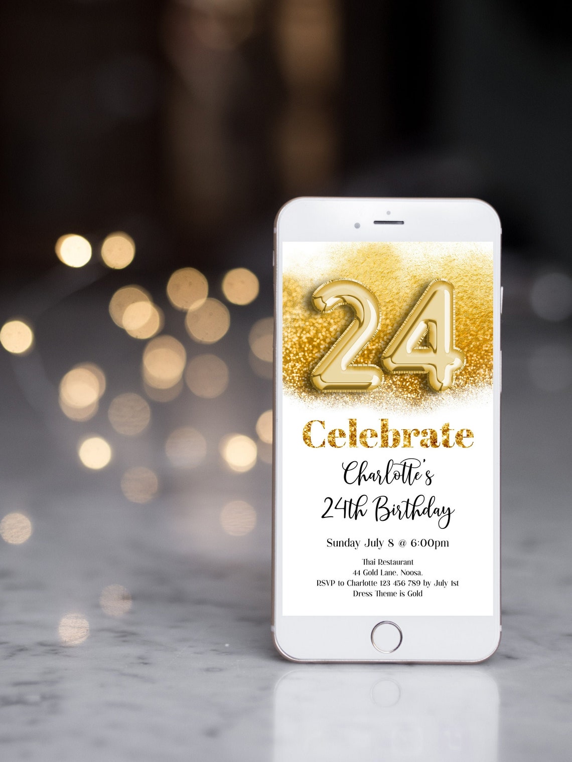 Editable 24th Birthday Gold Ombre Evite Electronic Invitation | Etsy