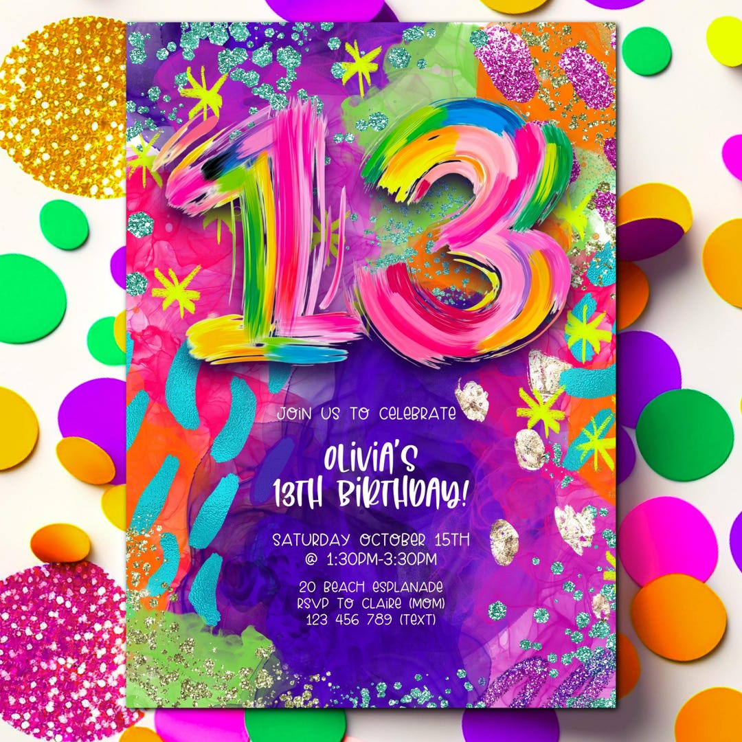 13th Birthday Invitation, 13th Printable Editable Invite, Painting ...