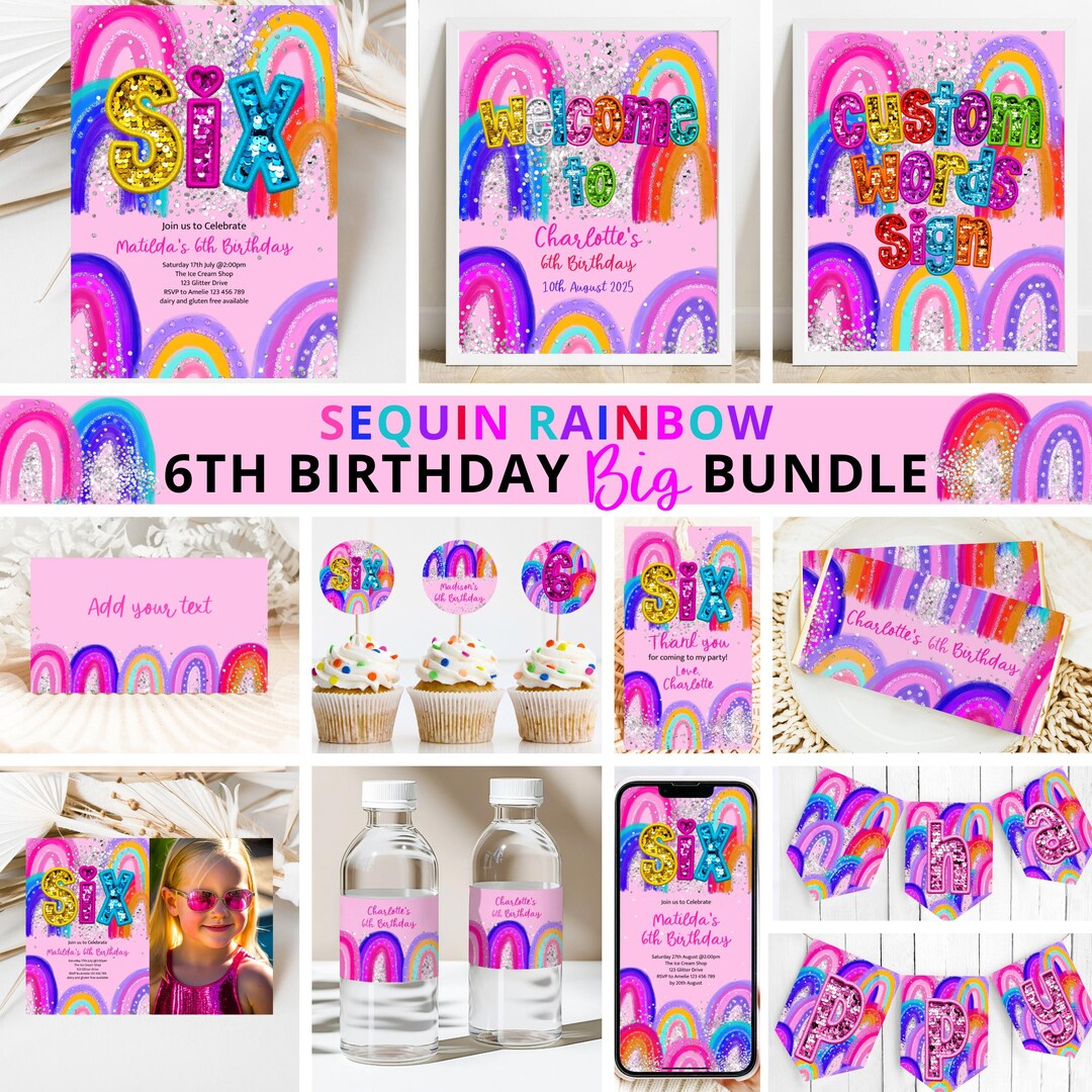 6th Birthday Bundle, 6th Rainbow Sequin Birthday Package, 6th Glitter ...