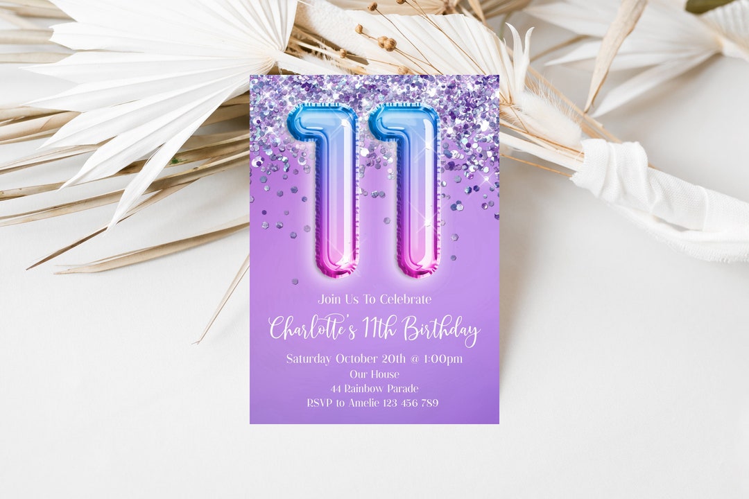 11th Birthday Invitation Purple Blue Pink Ombre Glitter Editable ...