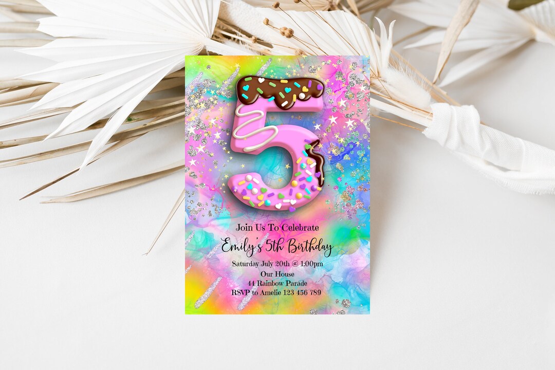 5th Birthday Invitation Girl Rainbow Glitter, Editable Invite, Candy ...