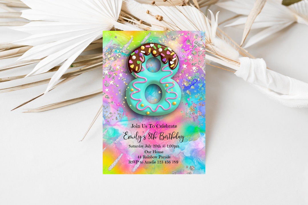 8th Birthday Invitation Teal Blue Pink Rainbow Editable Invite, Candy ...