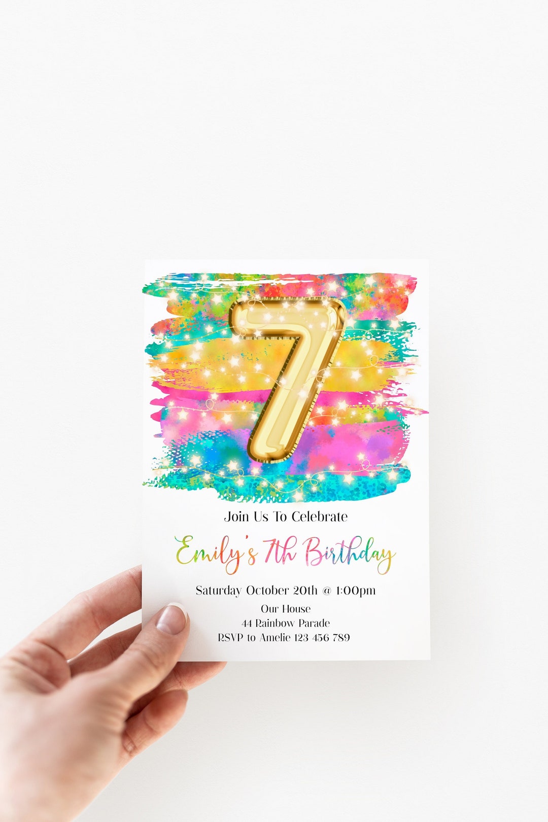 7th Birthday Invitation Editable Pink Fairy Lights Birthday Invitation ...