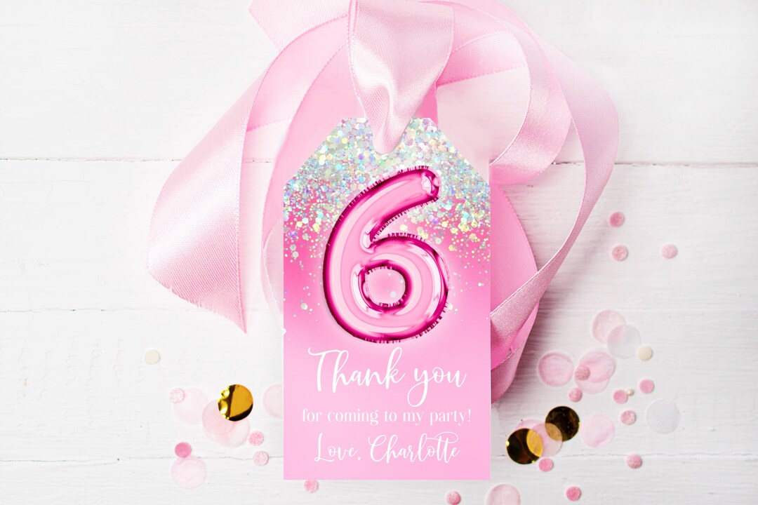 6th Birthday Printable Favor Tag, Pink Glitter Rainbow Birthday Party ...