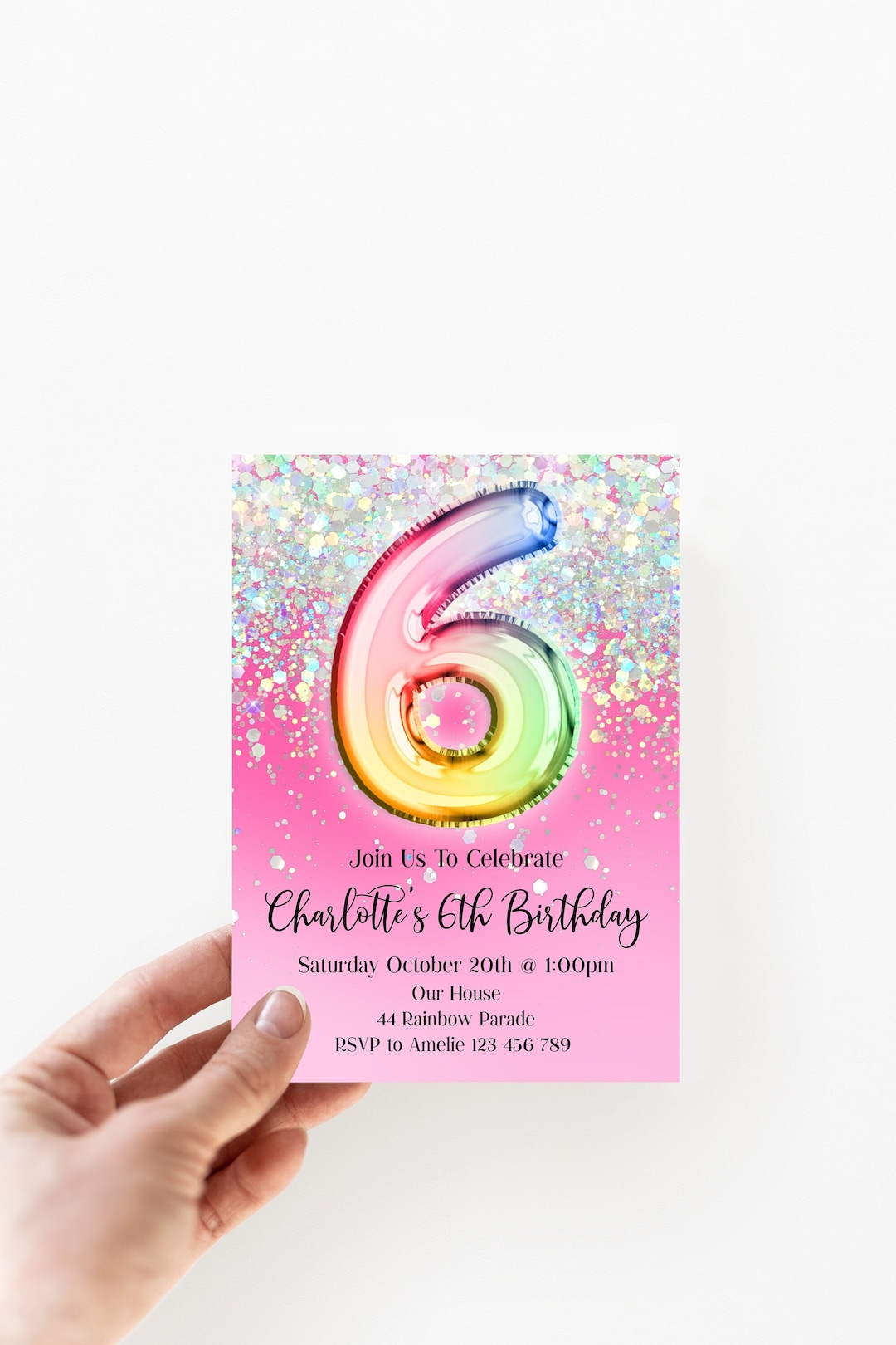 6th Rainbow Pink Birthday Invitation Editable Pink Glitter Birthday ...