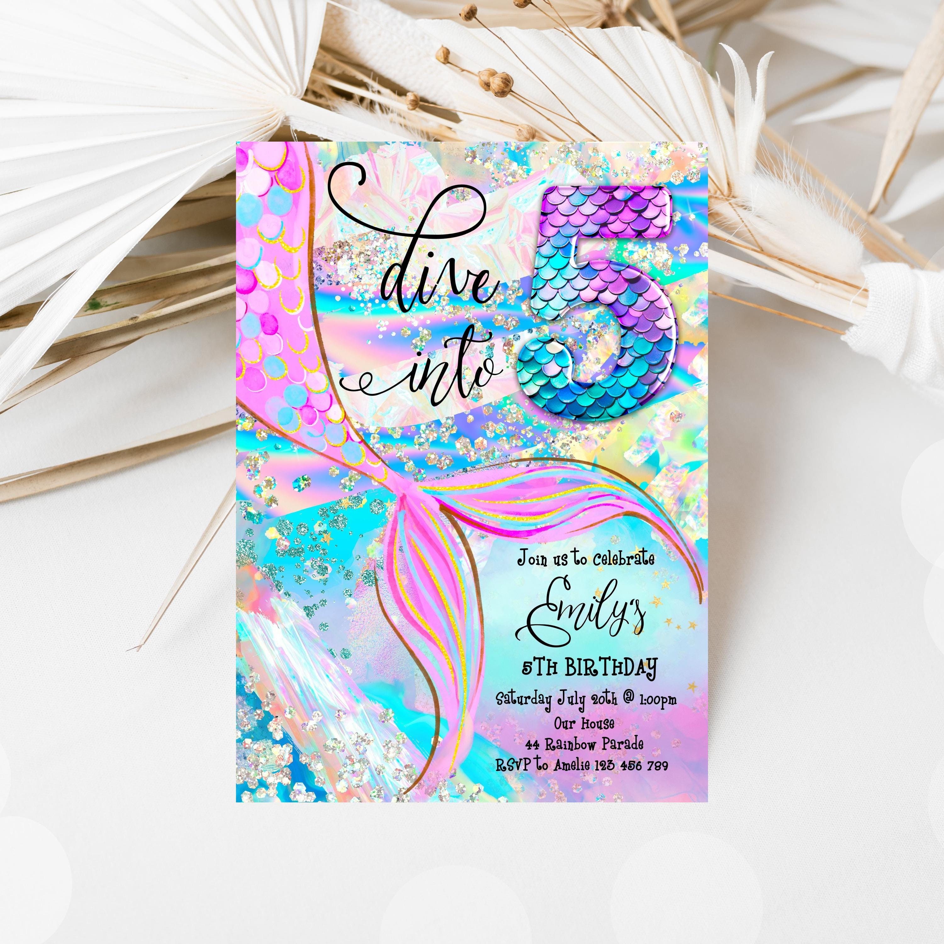Dive Into Five 5th Birthday Mermaid Invitation Purple Blue Pink Under ...