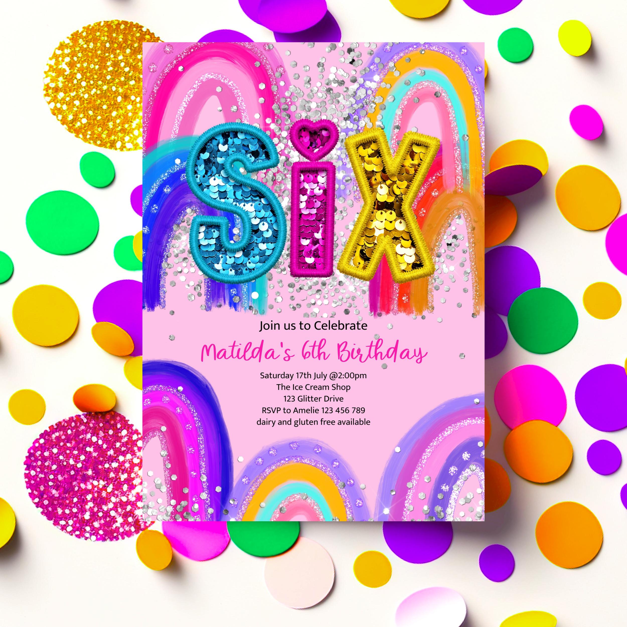 6th Birthday Invitation Girl, 6th Rainbow Sequin Birthday Editable ...