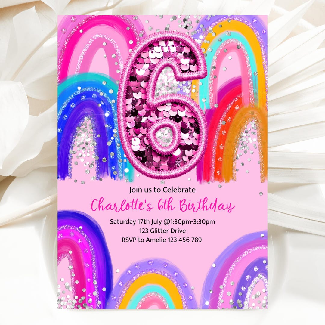 6th Birthday Invitation Pink, 6th Rainbow Birthday Editable Invite ...