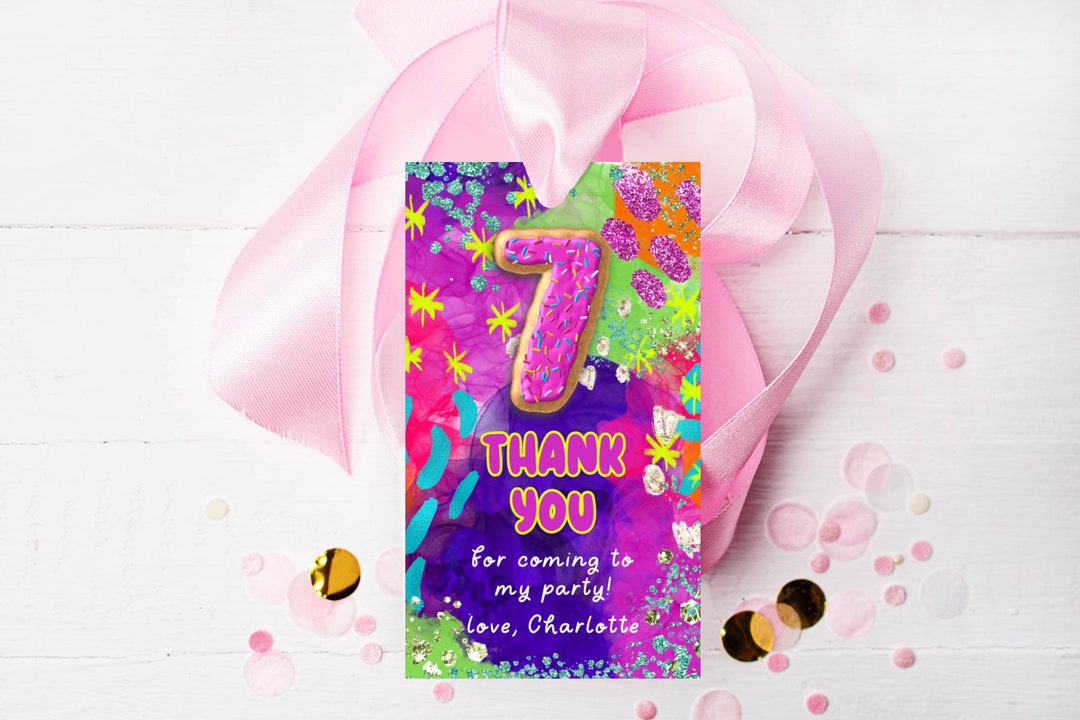 7th Birthday Favor Tag, Rainbow Neon Donut Printable Birthday Gift Tags ...