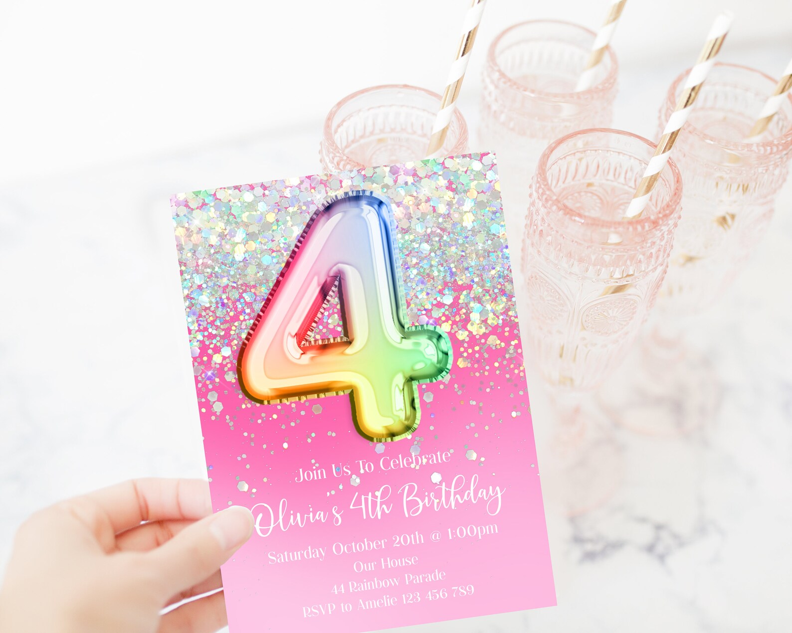 4th Birthday Invitation Editable Pink Glitter Birthday Invitation ...